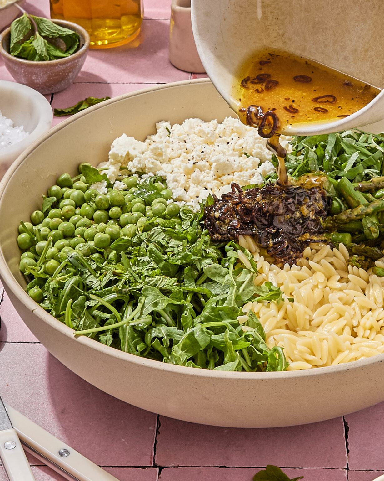 Spring Orzo Pasta Salad with Crispy Shallot Vinaigrette - BroccYourBody